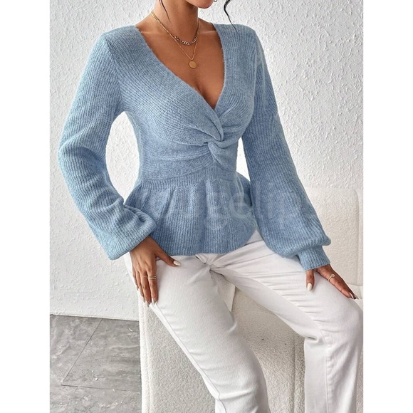 Rouge! | Sweaters | Light Blue Vneck Twisted Front Peplum Sweater Knit ...